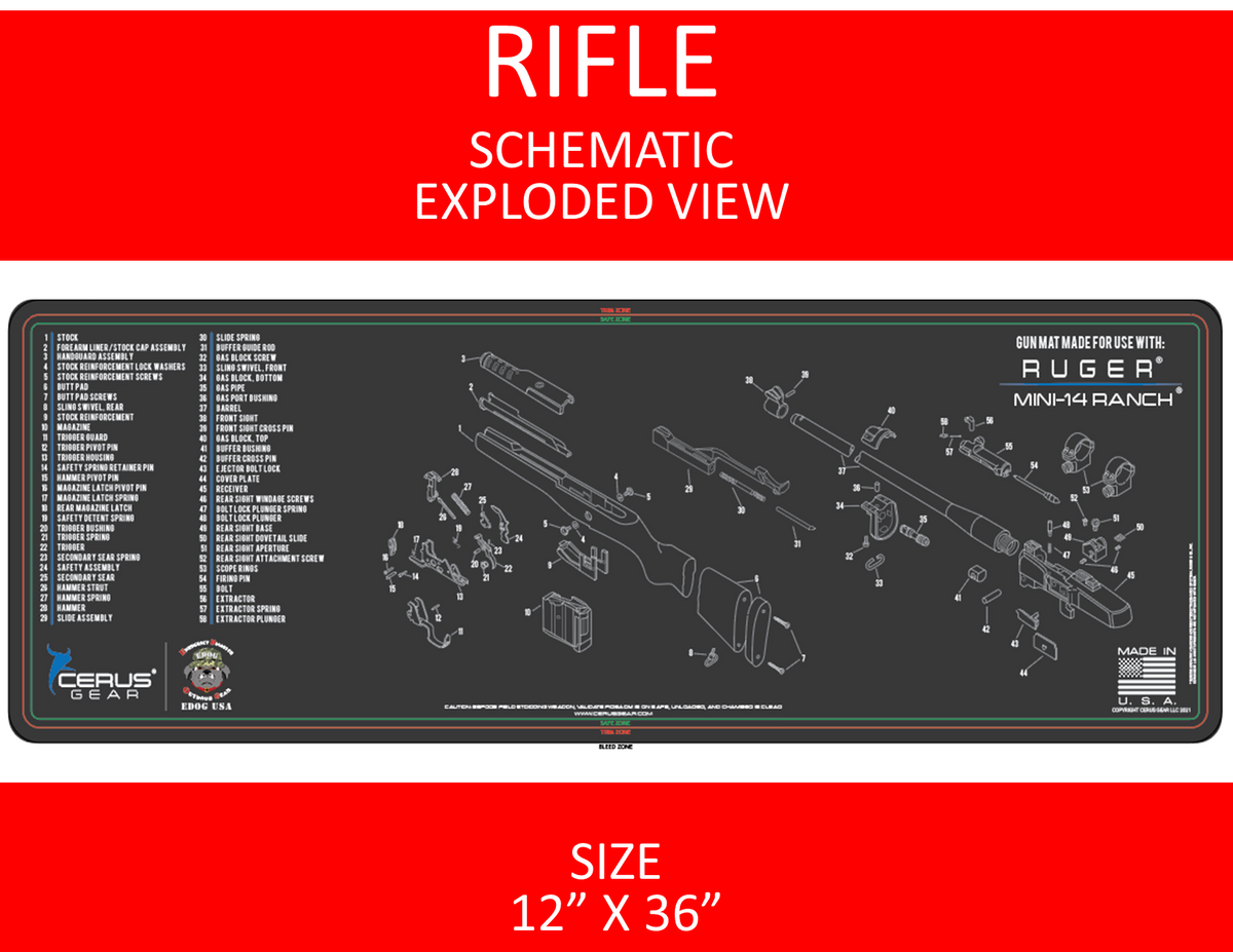 Ruger Mini 14 Ranch Gun Cleaning Mat - Schematic (Exploded View) 12X36 ...